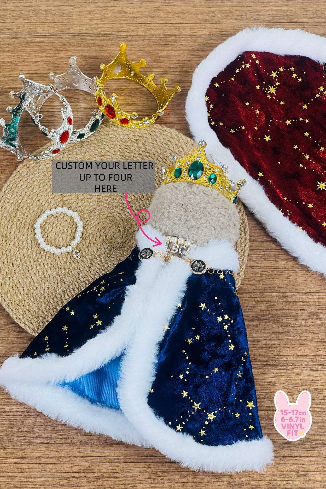 Starry King Doll Outfit, Velvet Cape + Crown Set for 17cm/6.7in Vinyl ...