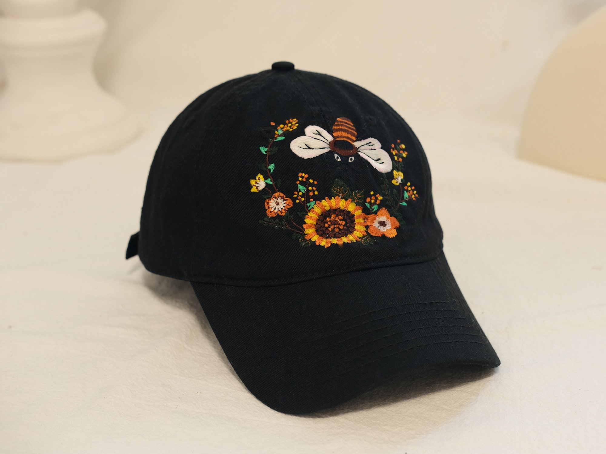 Hand Embroidered Baseball Cap, Embroidered Sunflowers and Bees,vintage ...