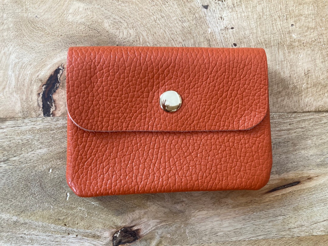 Nappa Leather Purse in Solid Color, Orange, Push Button. Gold Finishes ...