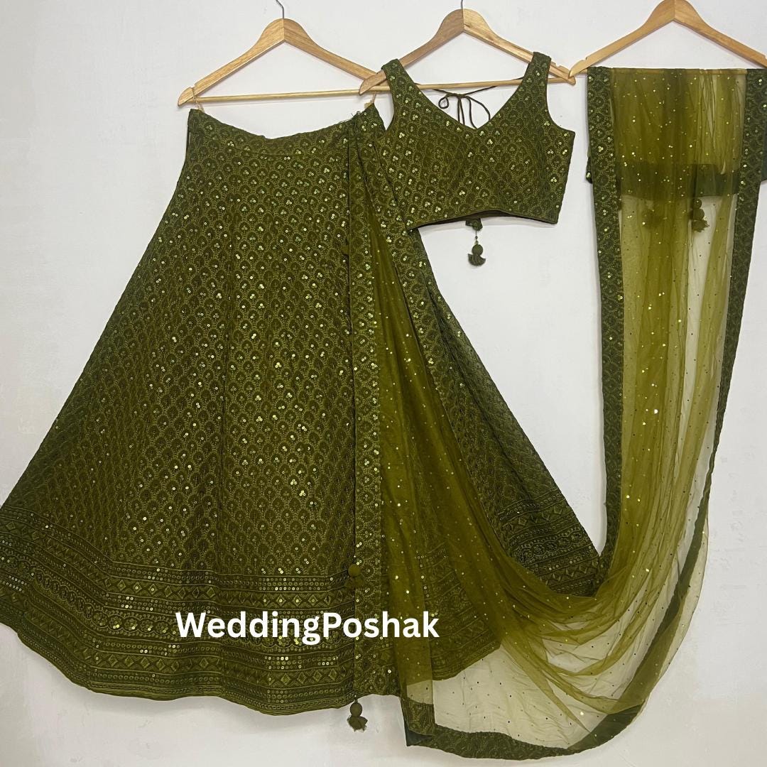 Mahendi Green Lehenga Choli: Georgette Sequins Embroidery Indian ...