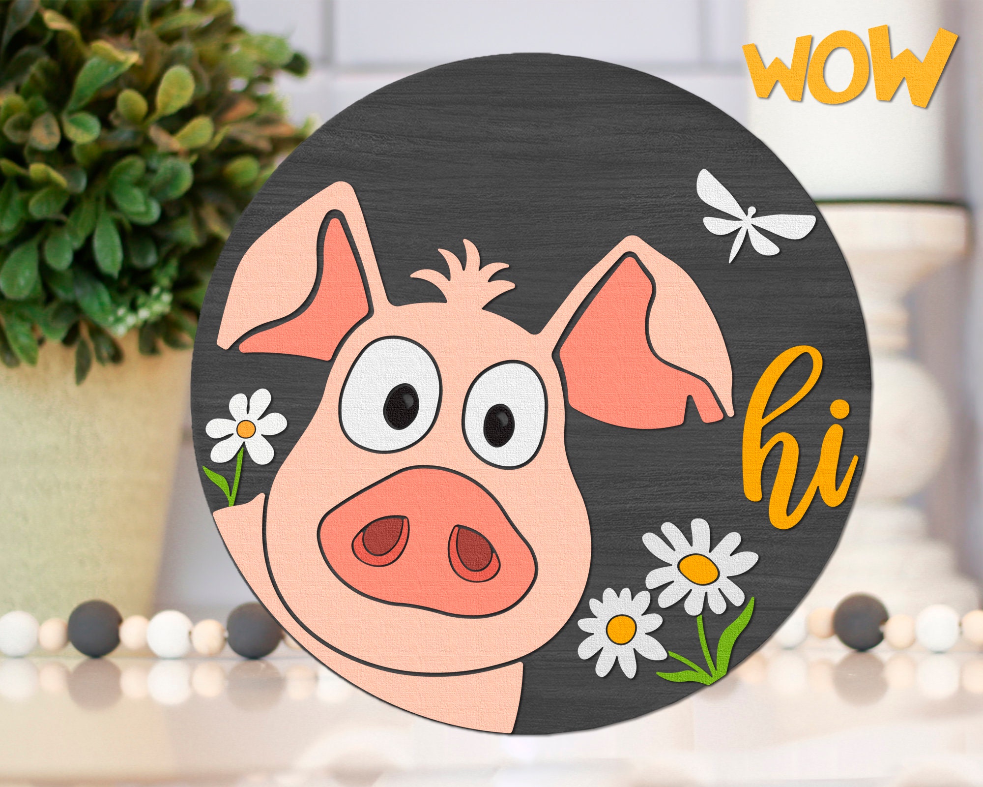 Pig Hi SVG, Farm Round Hanger Cut File, Farmhouse DXF, Layered Door ...