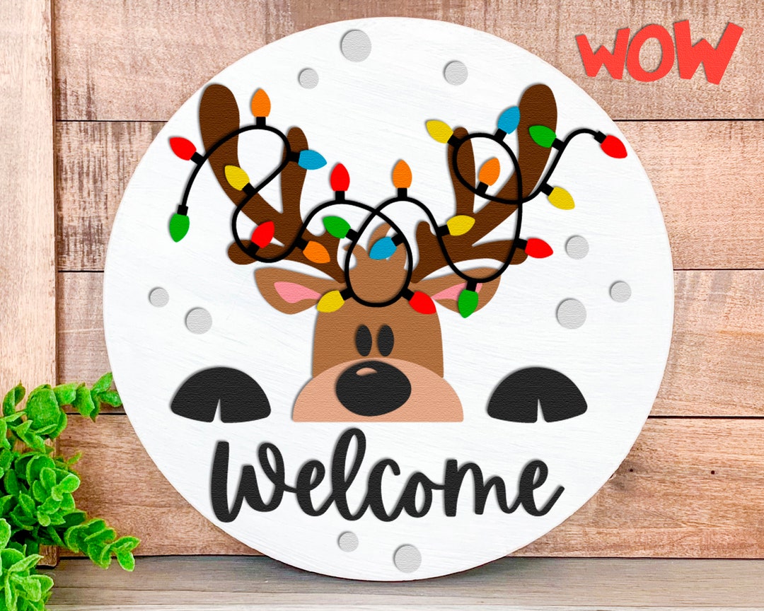 Reindeer Welcome SVG, Layered Door Hanger Cut File, Christmas Hanging ...