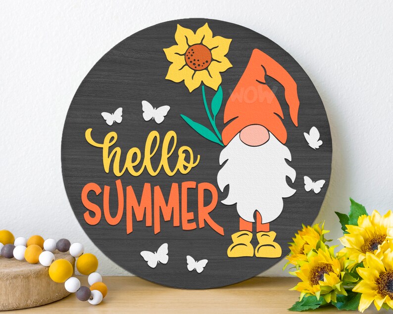 Hello Summer SVG Round Hanger Cut File Gnome With Sunflower - Etsy