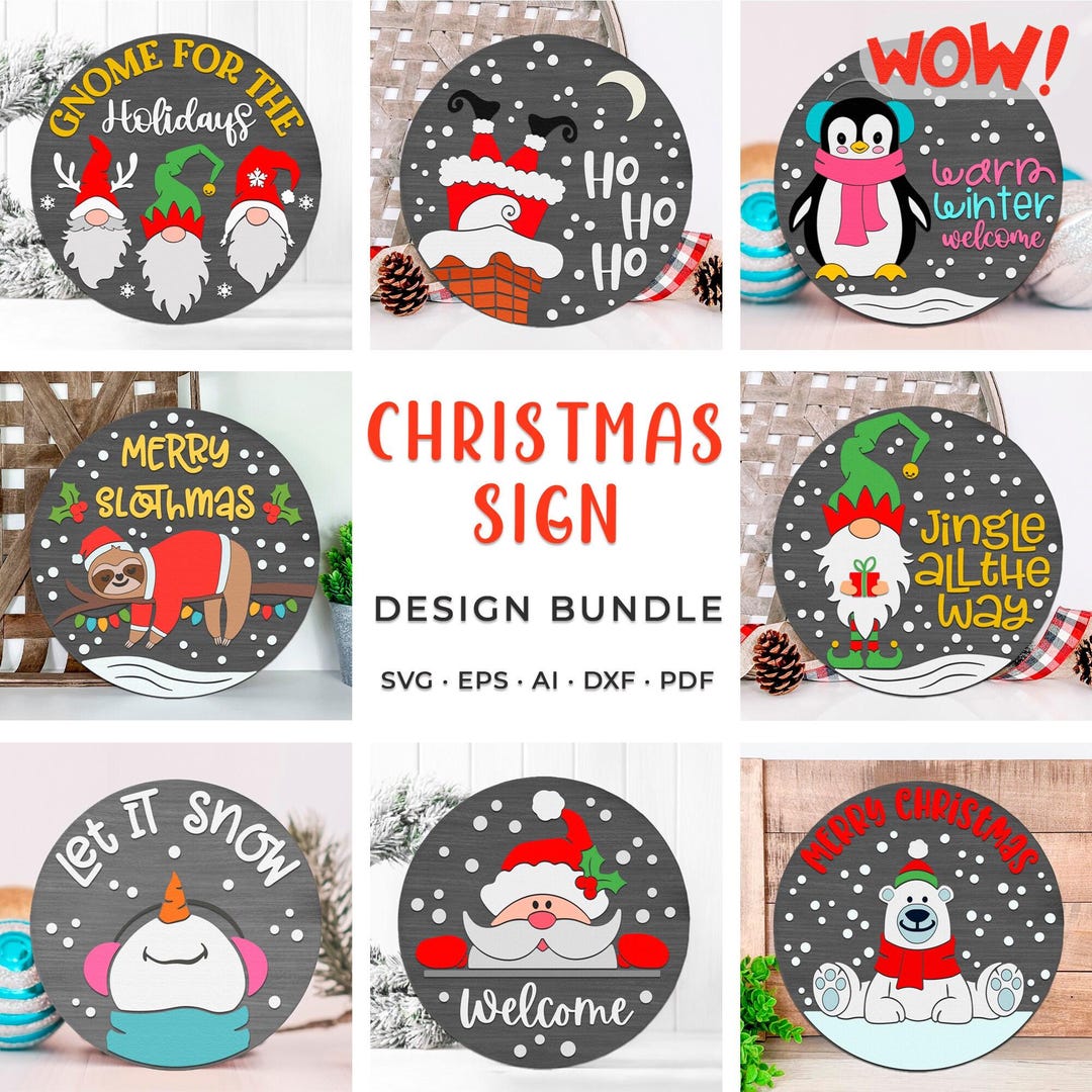 Christmas Signs SVG Bundle, Layered Door Hanger Cut File, Xmas Hanging ...