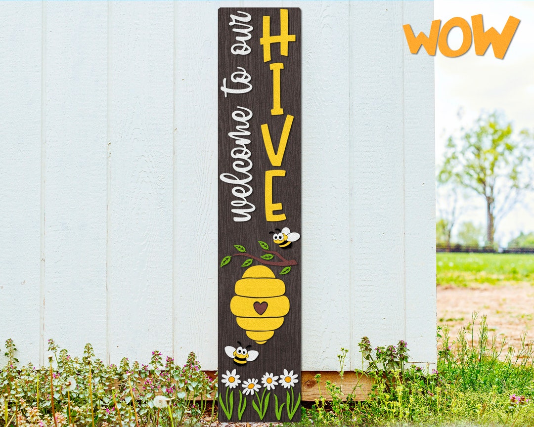 Welcome to Our Hive SVG, Layered Porch Sign Cut File, Summer Decor DXF, Funny Bee Silhouette ...