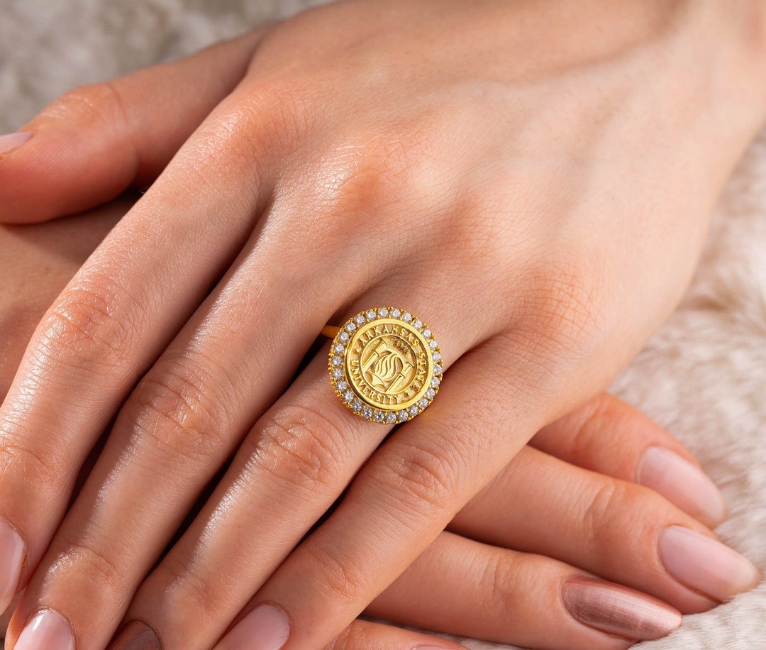 University Logo Silver Women's Ring With Zircon Stone, Gold Ring for ...