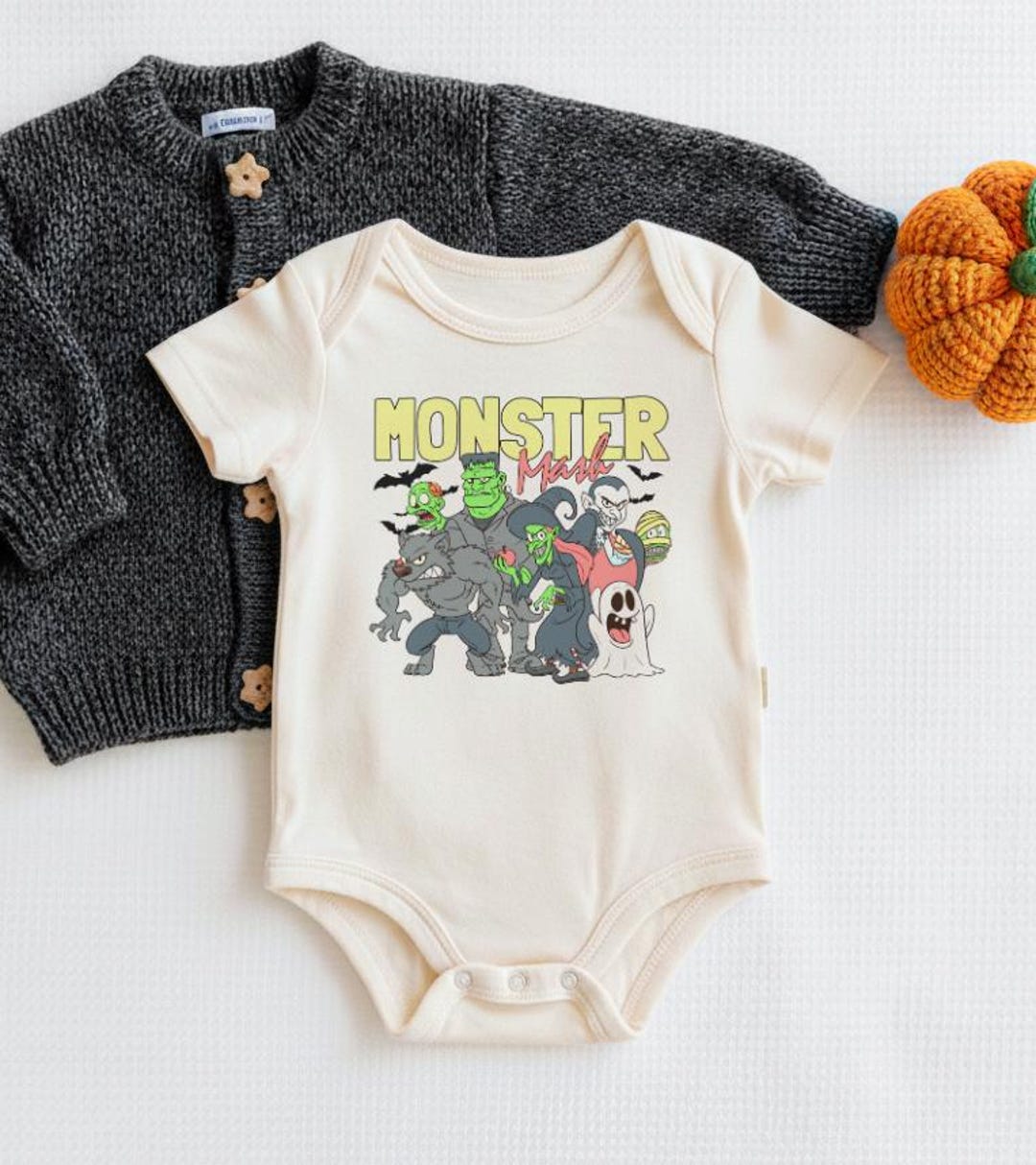 Monster Mash Onesie® - Retro Halloween Bodysuit - Cute Monsters Natural ...