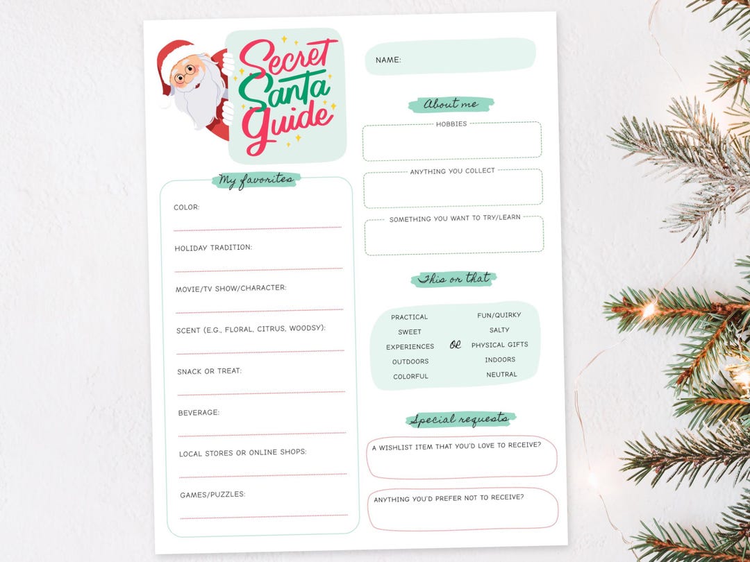 Secret Santa Questionnaire Printable, Gift Exchange Office Secret Santa ...