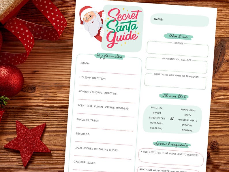 Secret Santa Questionnaire Printable, Gift Exchange Office Secret Santa ...
