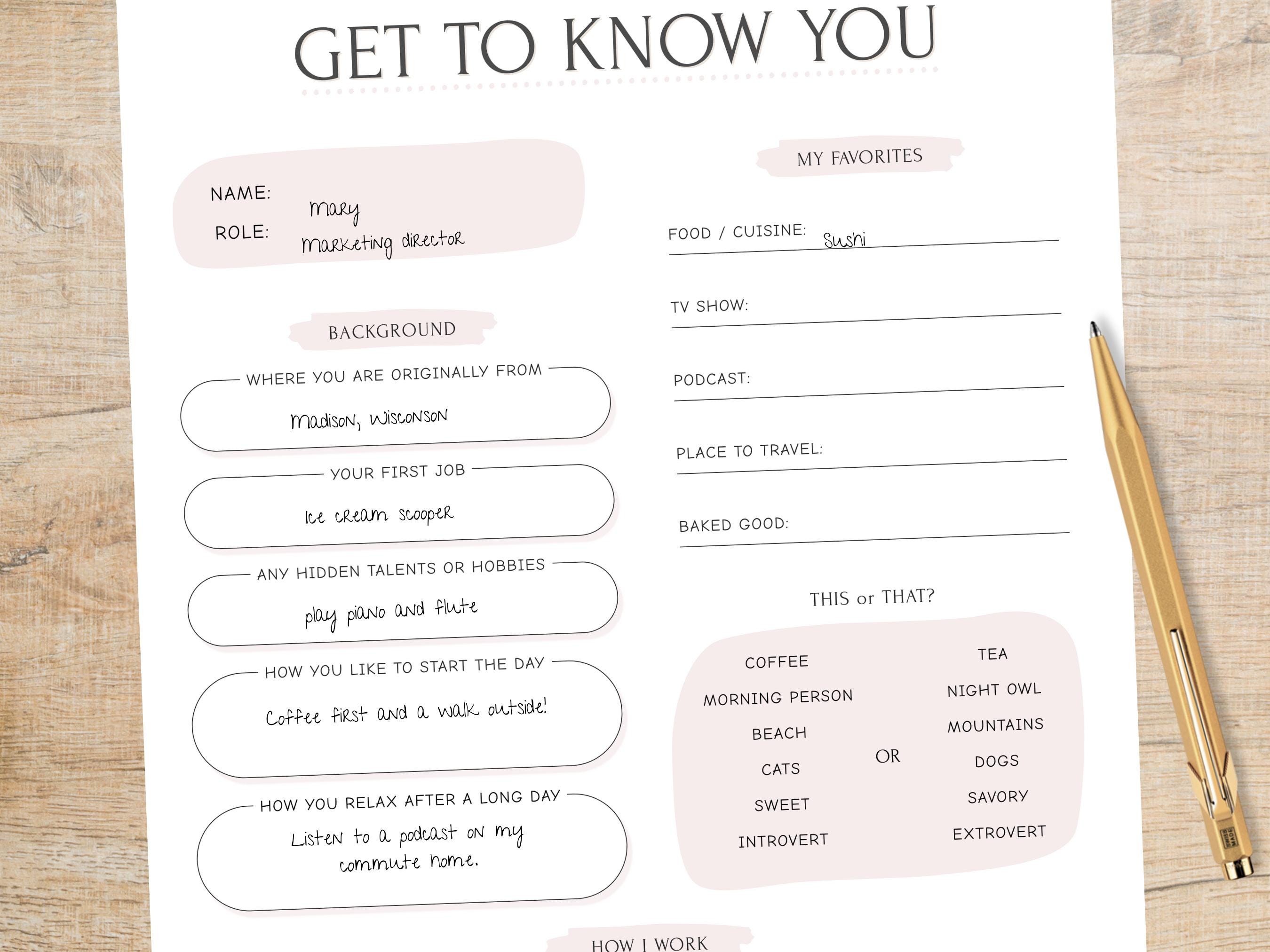 Team Building Get to Know Your Staff Questionnaire Printable Team ...
