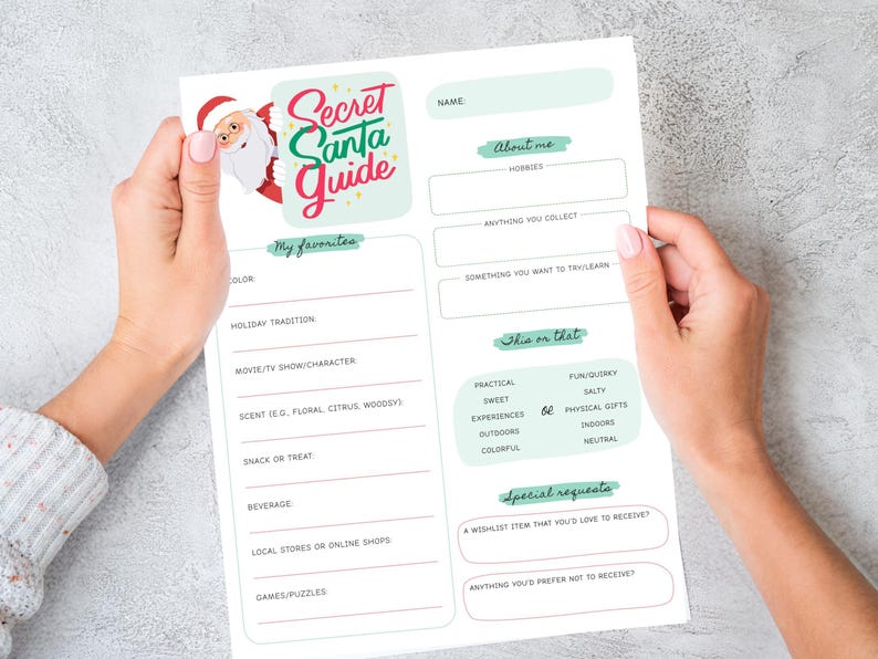 Secret Santa Questionnaire Printable, Gift Exchange Office Secret Santa ...
