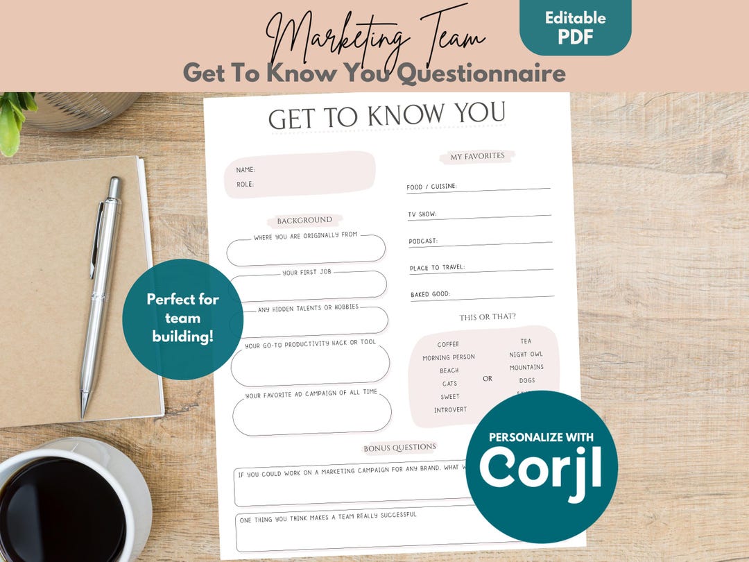 Editable Marketing Team Building Get to Know Your Staff Questionnaire ...