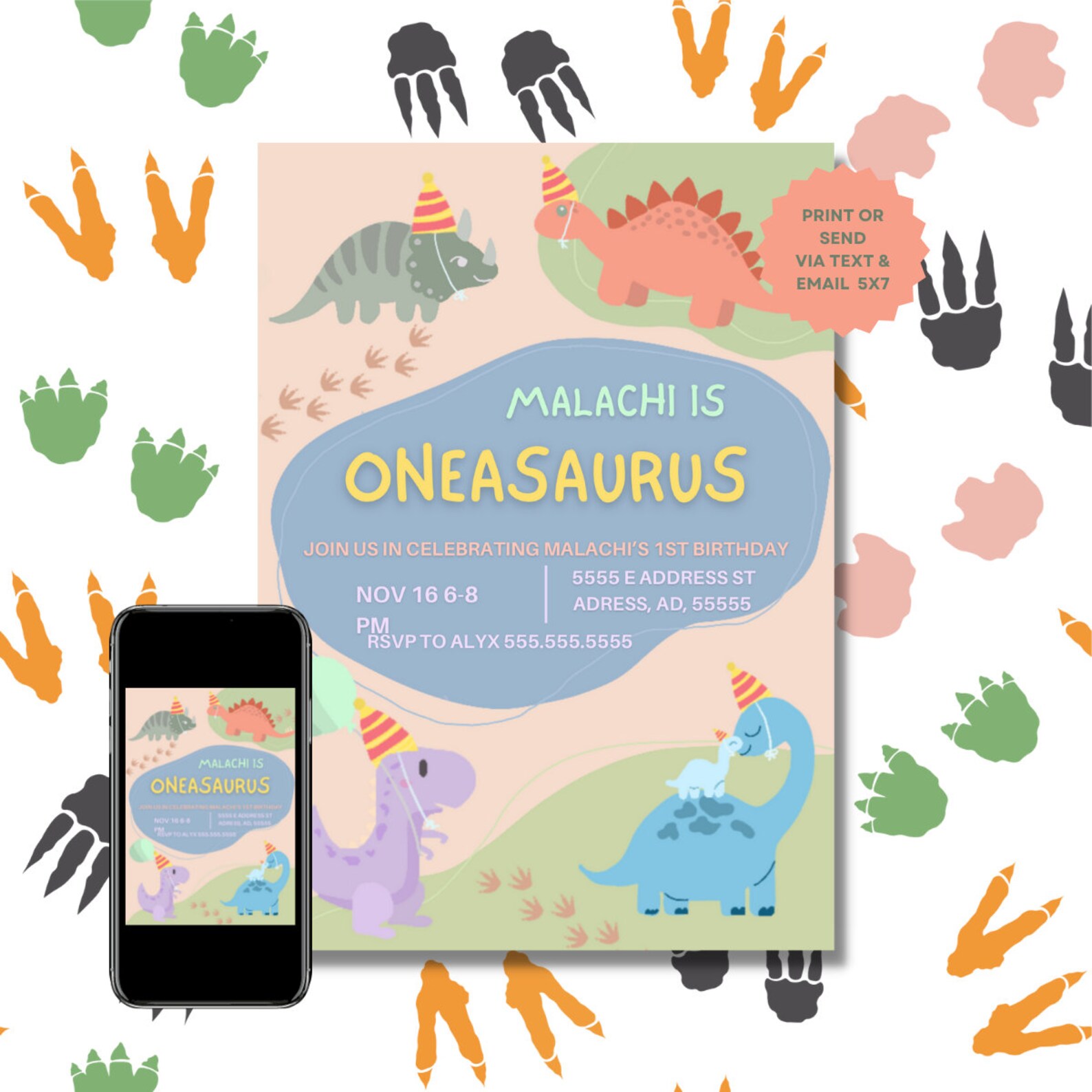 Oneasaurus First Birthday Invitation - Digital Download, Editable ...