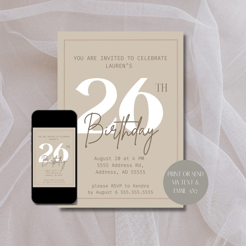 Neutral Editable Birthday Invitation Template- Modern, Minimalistic ...