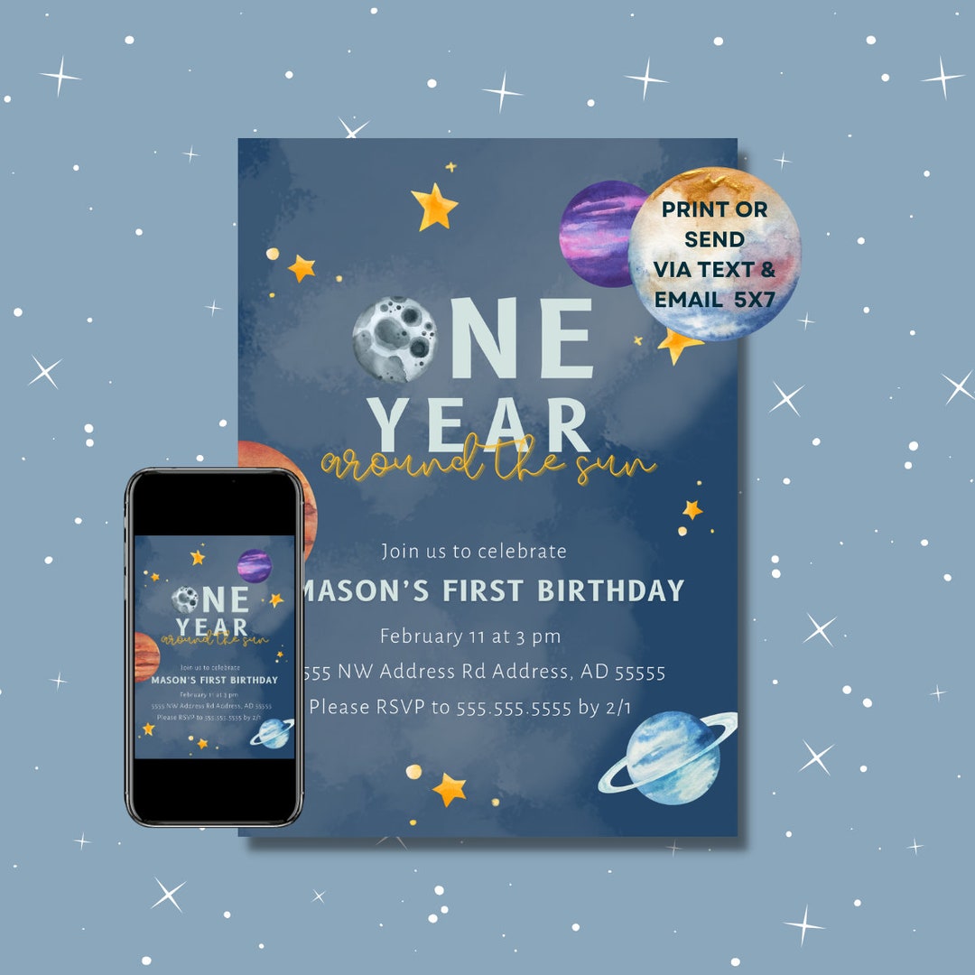 ONE Year Around the Sun Birthday Invite Editable, Space, Astronaut ...