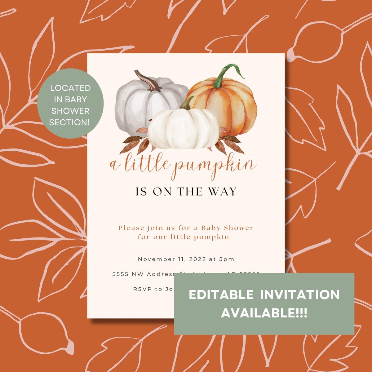 Little Pumpkin Baby Shower Thank You Card - Editable, Aesthetic, Fall ...