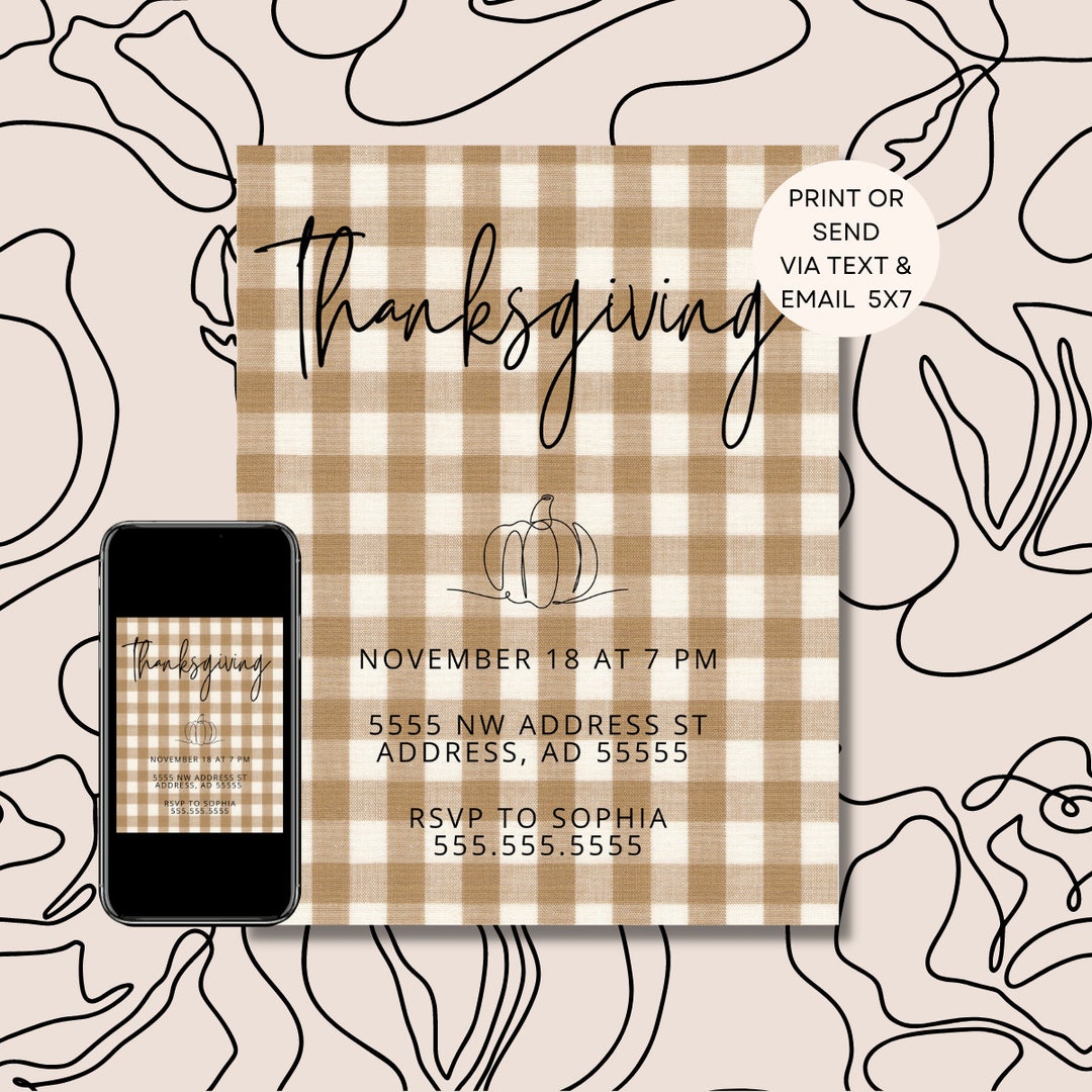 Gingham Minimalistic Thanksgiving Dinner Invitation Digital - Etsy