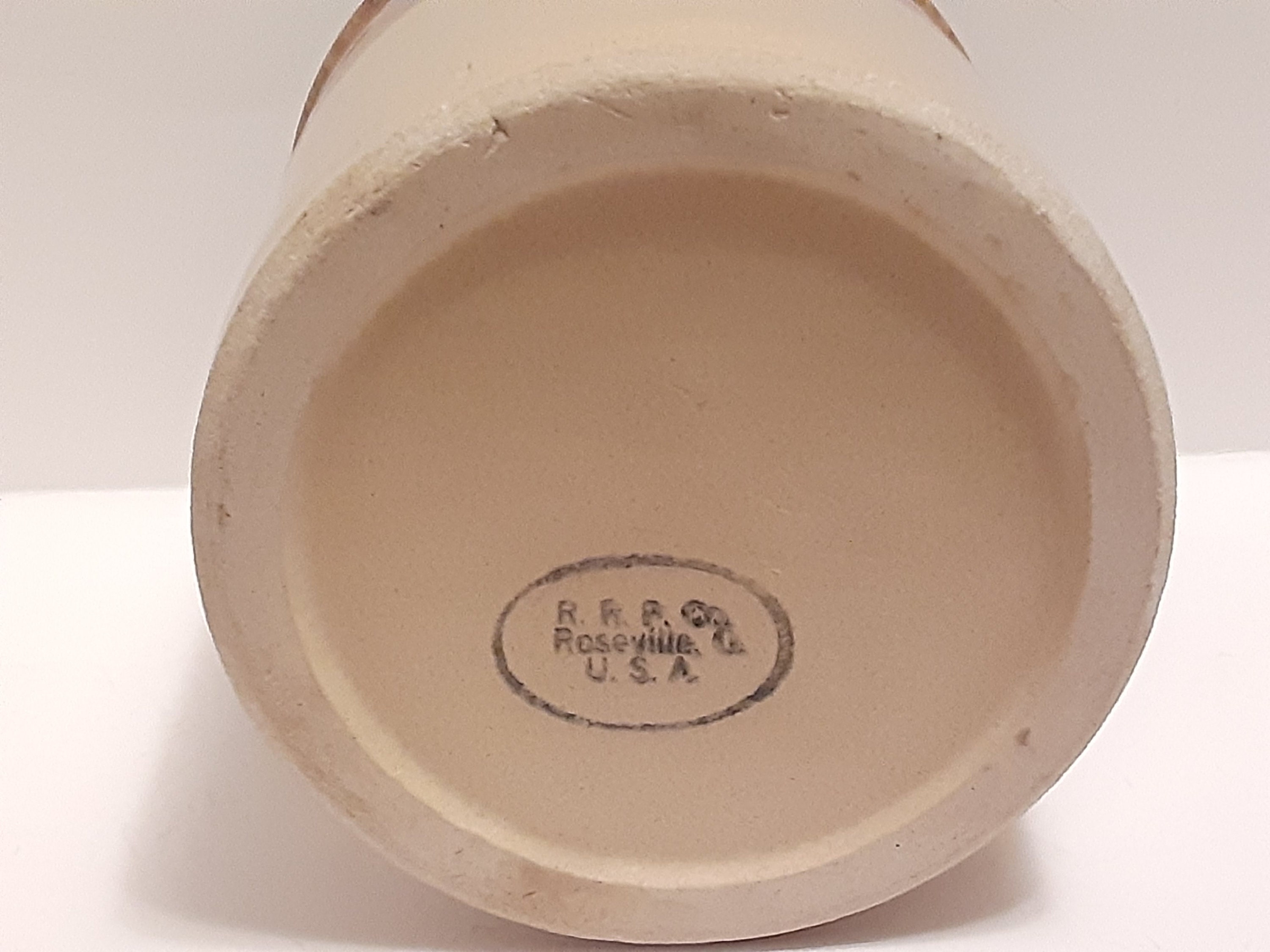 Vintage R.R.P. Co. Roseville Pottery Utensil Crock, Beige With Mustard ...