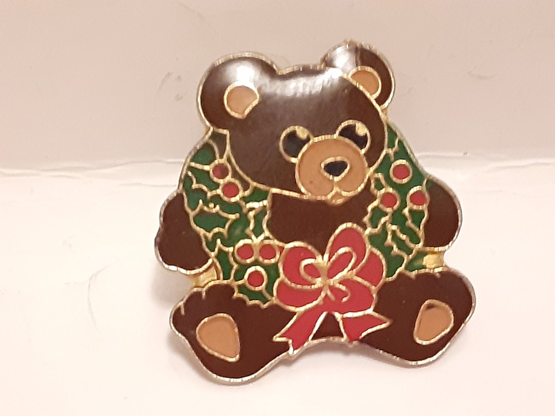 Vintage Swibco Teddy Bear and Wreath Gold Toned Enameled Christmas ...