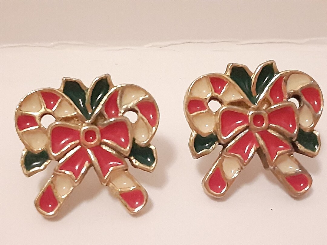 Vintage Gold Toned Enamel Candy Cane Earrings, Candy Cane and Holly ...