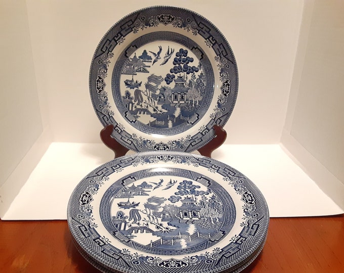 Vintage Churchill Blue Willow Pattern Dinner Plates X4 Fine English ...