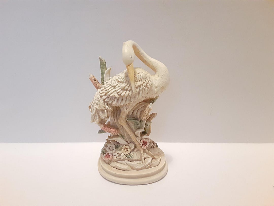Vintage Resin White Crane Figurine, Flowers, Cat Tails, Water Fowl ...