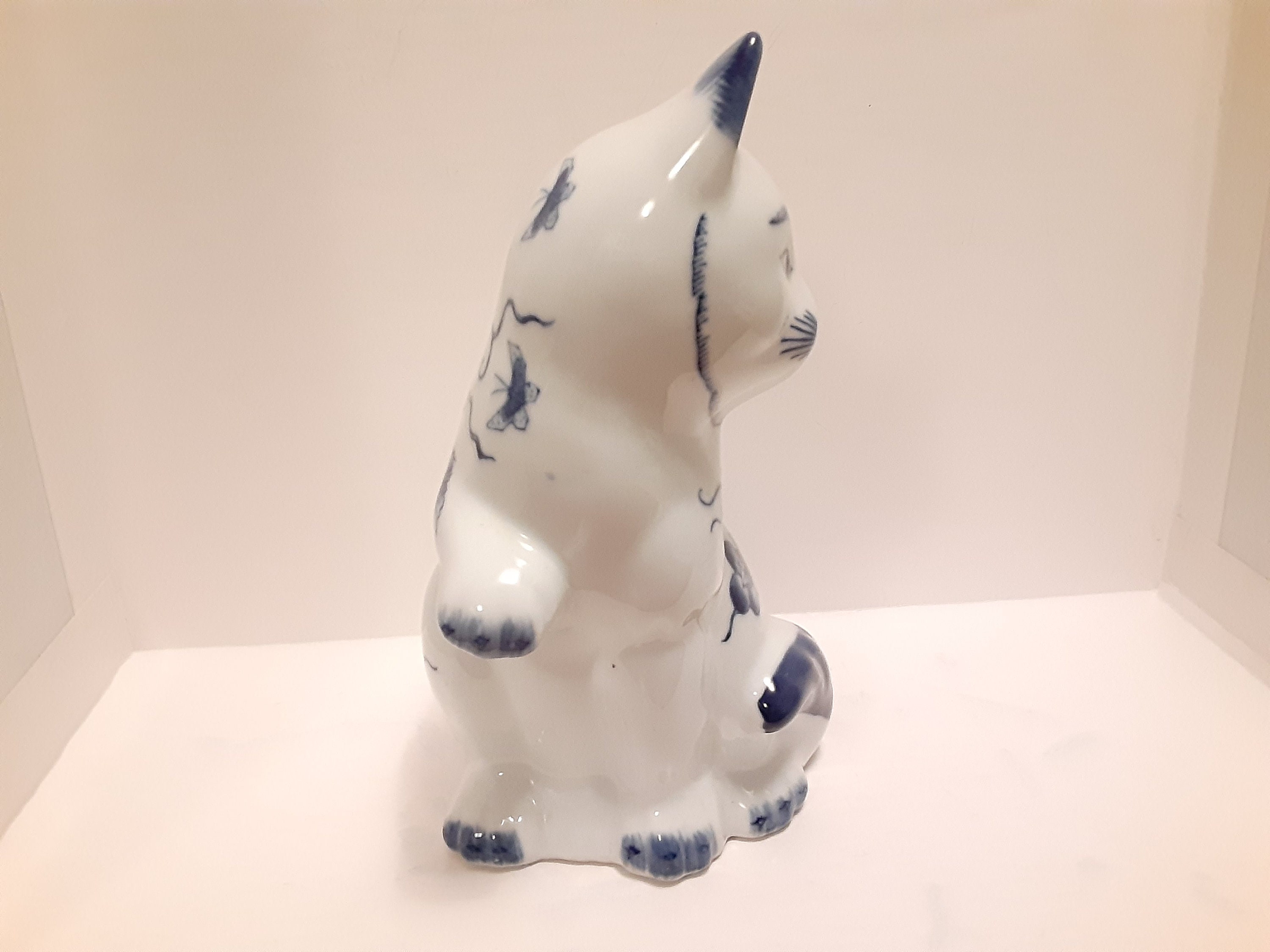 Vintage Blue and White Chinese Cat Figurine, 10 Inches Tall, Heavy High ...