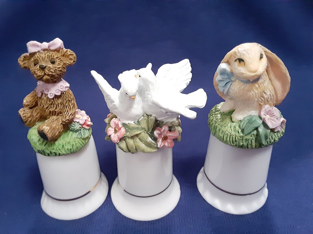 Vintage Set of 3 Spring Themed Thimbles Featuring A Teddy Bear, A Pair ...
