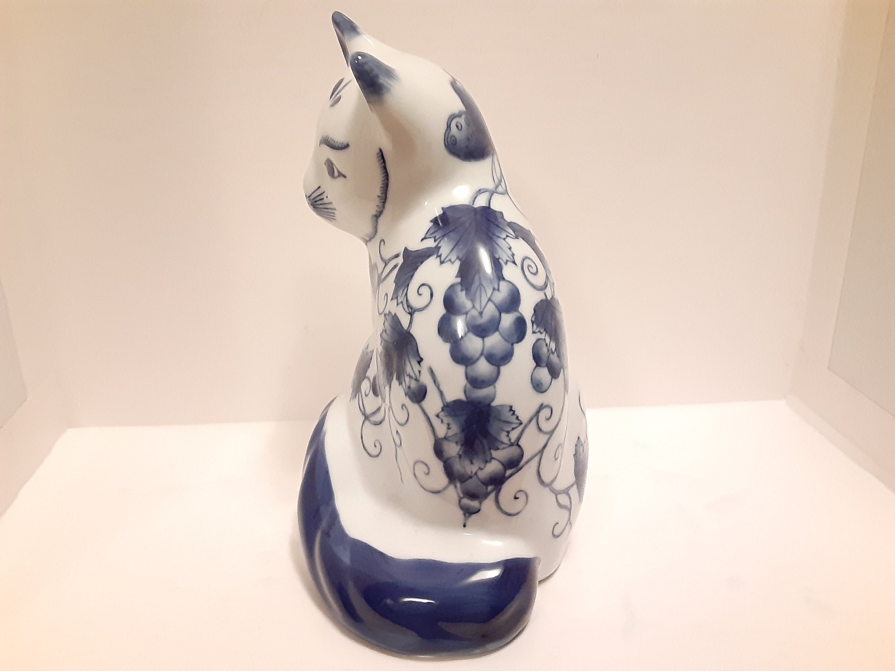 Vintage Blue and White Chinese Cat Figurine, 10 Inches Tall, Heavy High ...