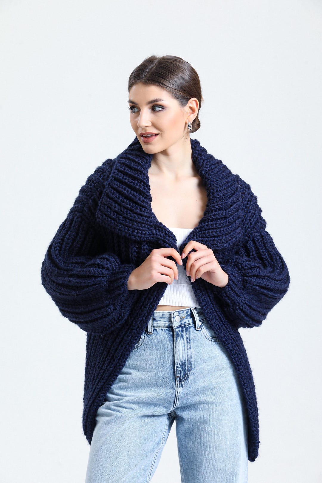 Chunky Cardigan, Balloon Sleeves Cardigan, Hand Knit Wool Cardigan ...