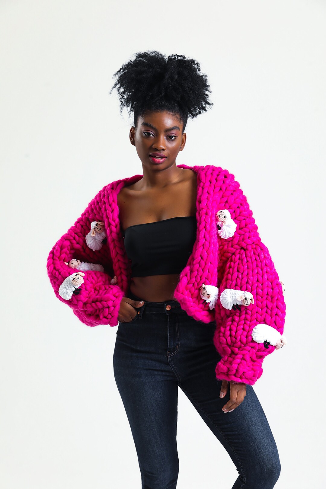 Sheep Chunky Knit Merino Wool Cardigan, Balloon Sleeve Sweater - Etsy