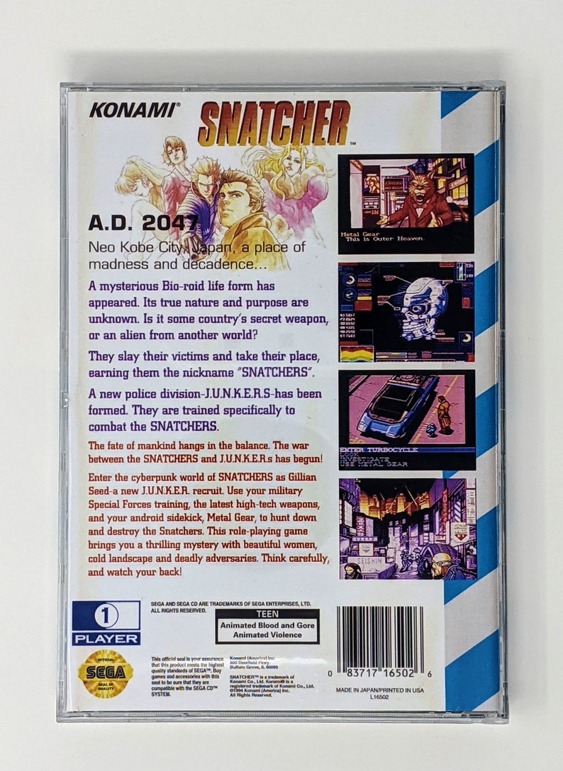 Snatcher - Sega CD Reproduction Game + Longbox, Sponge & Protective Case - Etsy