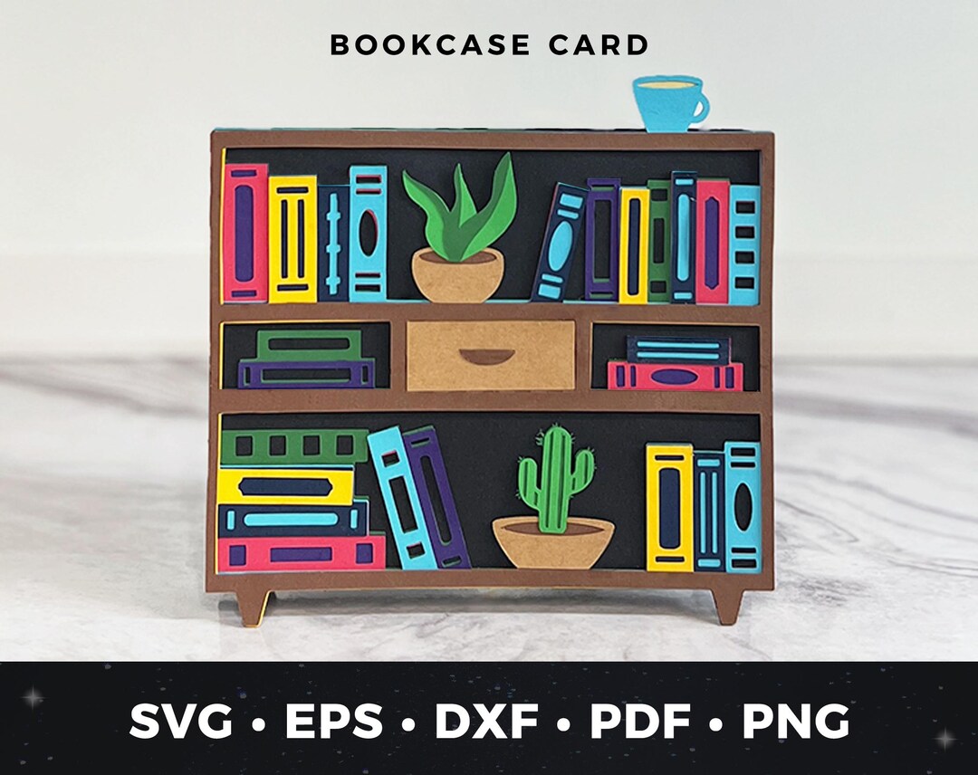Bookcase Greeting Card SVG, Bookshelf Card SVG, Book Lover Card, DIY ...