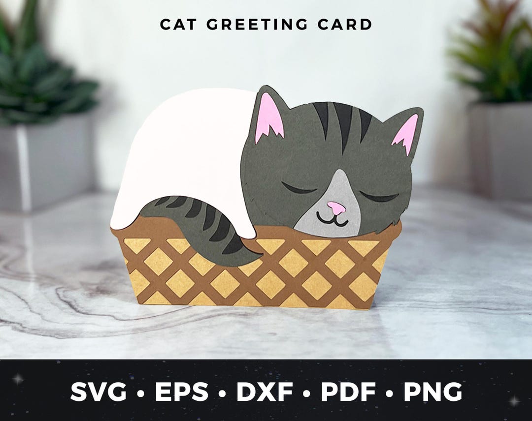 Cute Sleeping Cat Card SVG, Cat Lover Greeting Card, DIY Pet Lover ...