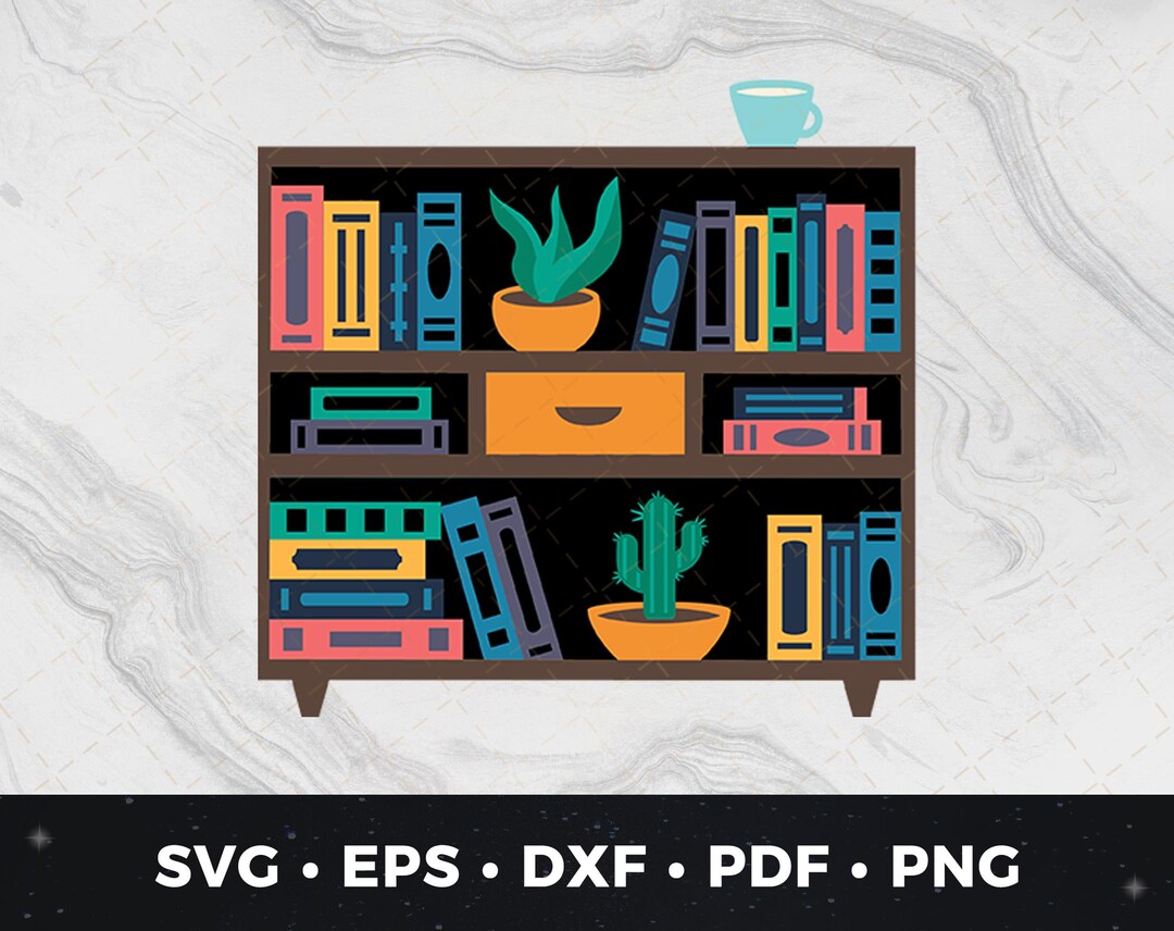 Bookcase Svg Png Pdf Dxf Eps, Bookshelf Clipart, Library Cut File, DIY ...