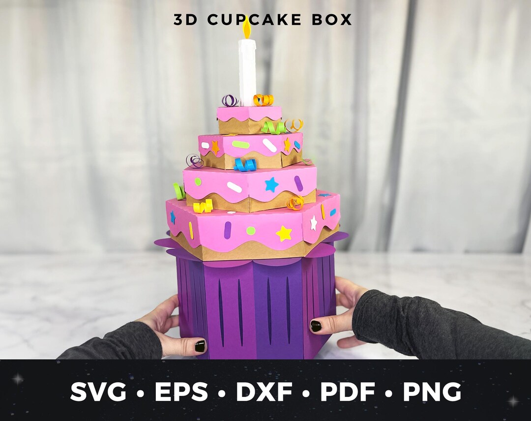 Big 3D Cupcake Gift Box SVG, Birthday Cupcake Favor Box Template, 3D ...