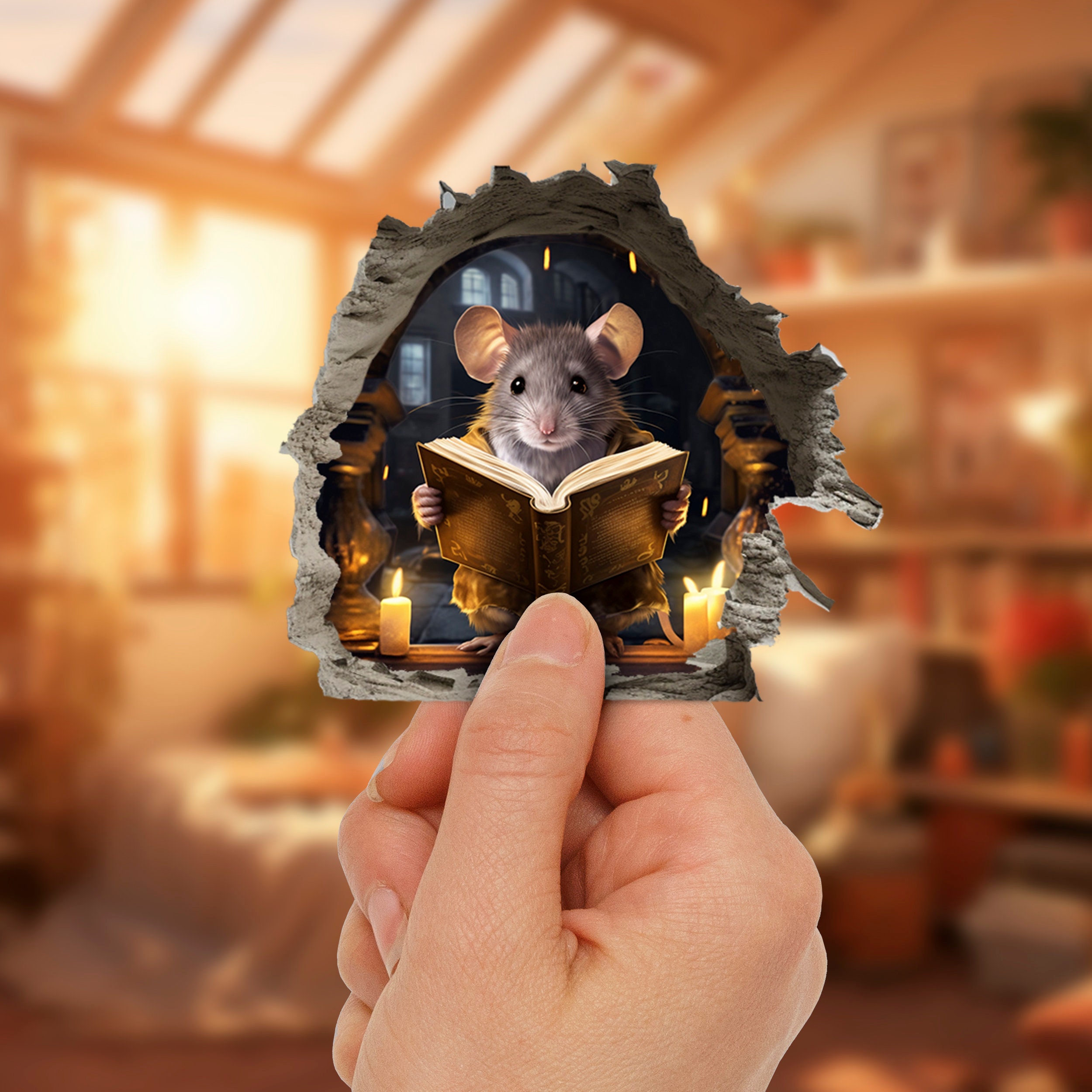 Mouse Reading Book in Wall 3d Sticker Mouse in the Wall Decal 3d Mouse ...