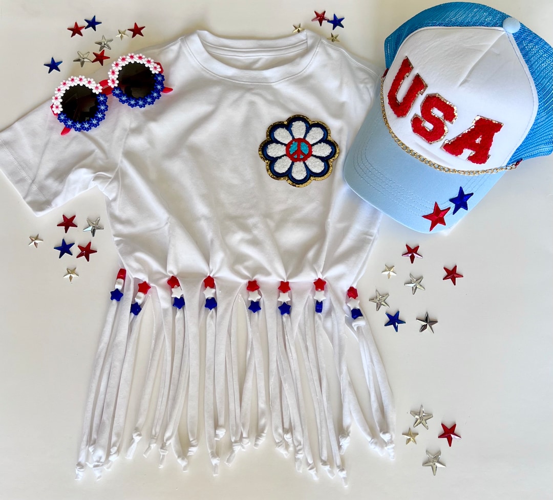Girls Beaded Fringe Top Shirt, 4th of July Shirt, USA Tee, Girls July ...