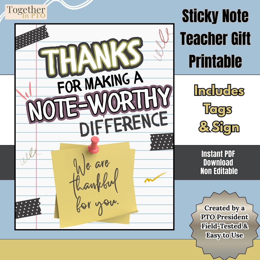 Sticky Note Teacher Gift Printable, Teacher Appreciation Gift Idea, PTO ...