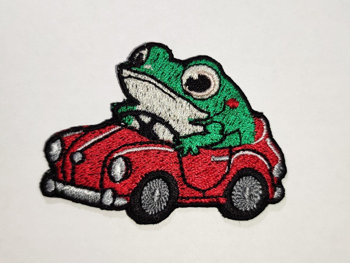 Frog on a Retro Car Iron on Patch, Frog Patches, Frog Driving Retro Car, Embroidered Patch Iron ...