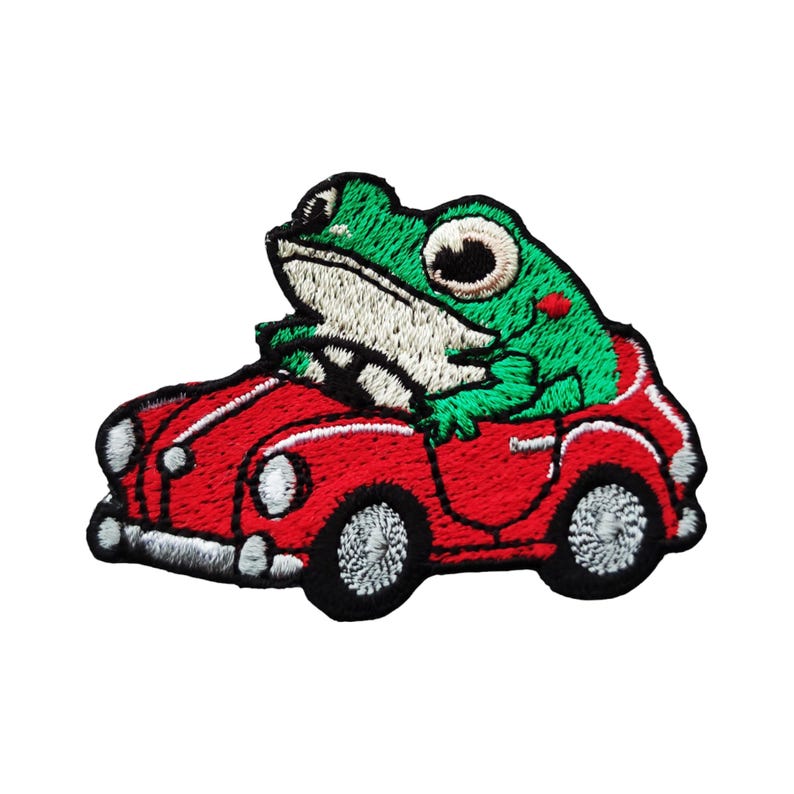Frog on a Retro Car Iron on Patch, Frog Patches, Frog Driving Retro Car ...