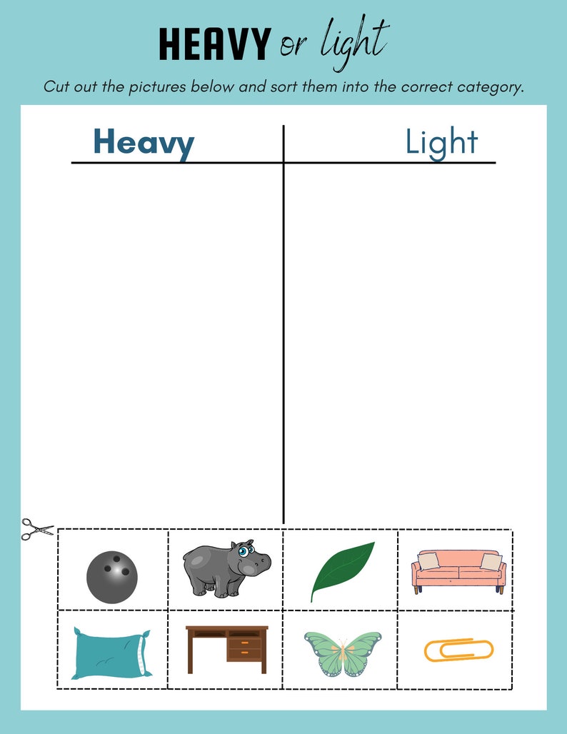Heavy or Light Cut and Paste Worksheet - Etsy