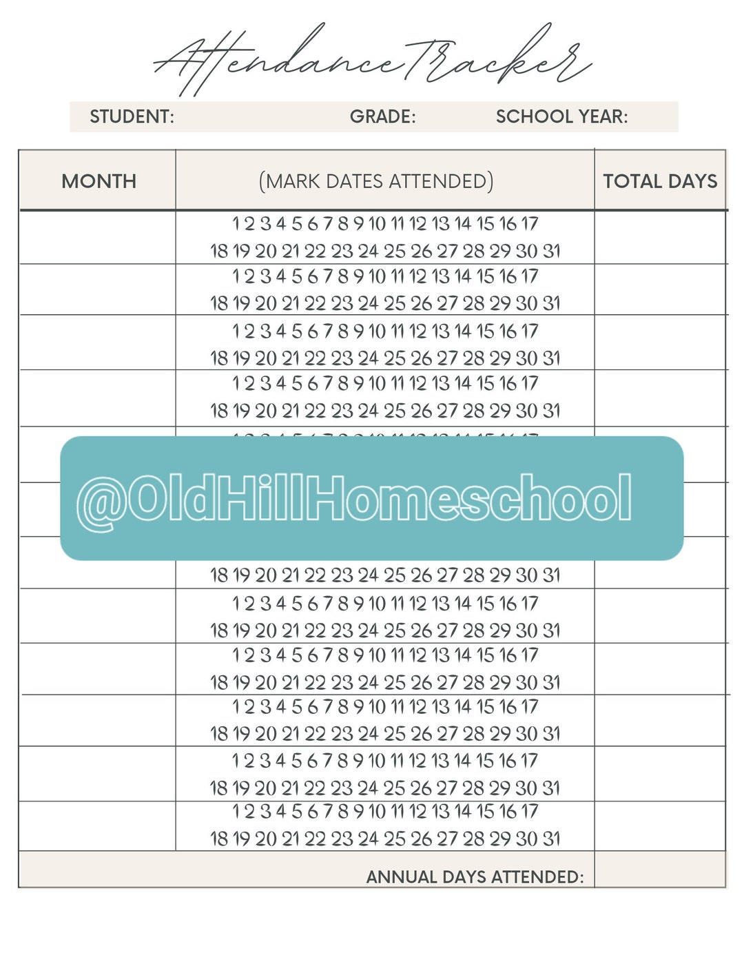 Universal Attendance Tracker / Minimalist Homeschool Attendance Sheet ...