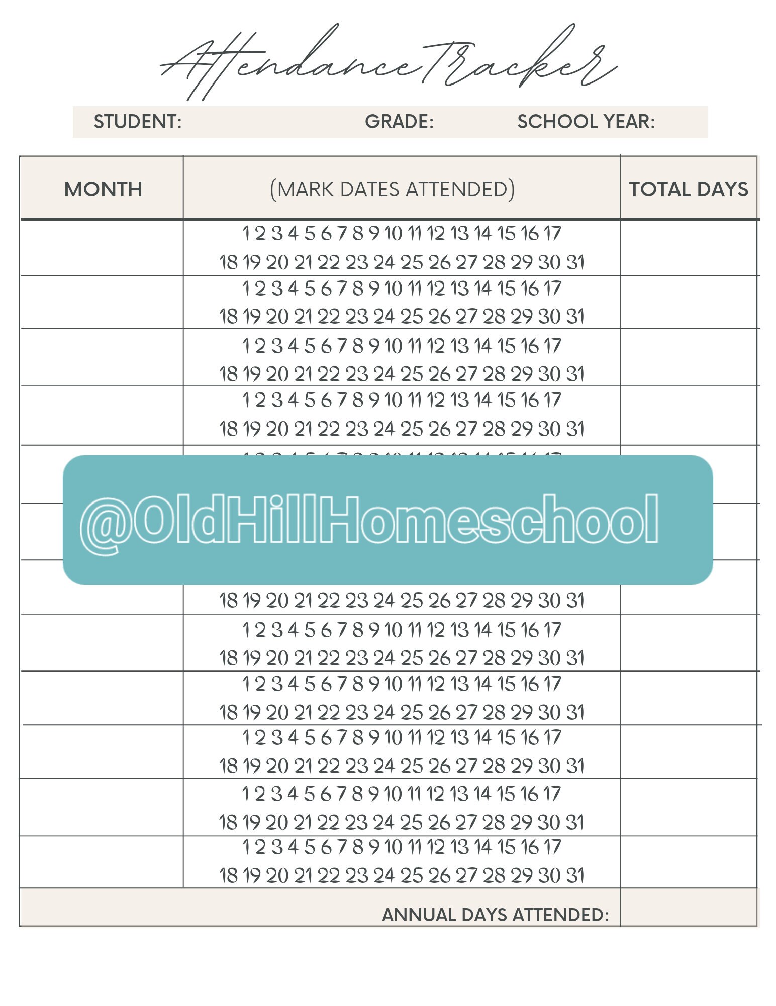 Universal Attendance Tracker / Minimalist Homeschool Attendance Sheet ...