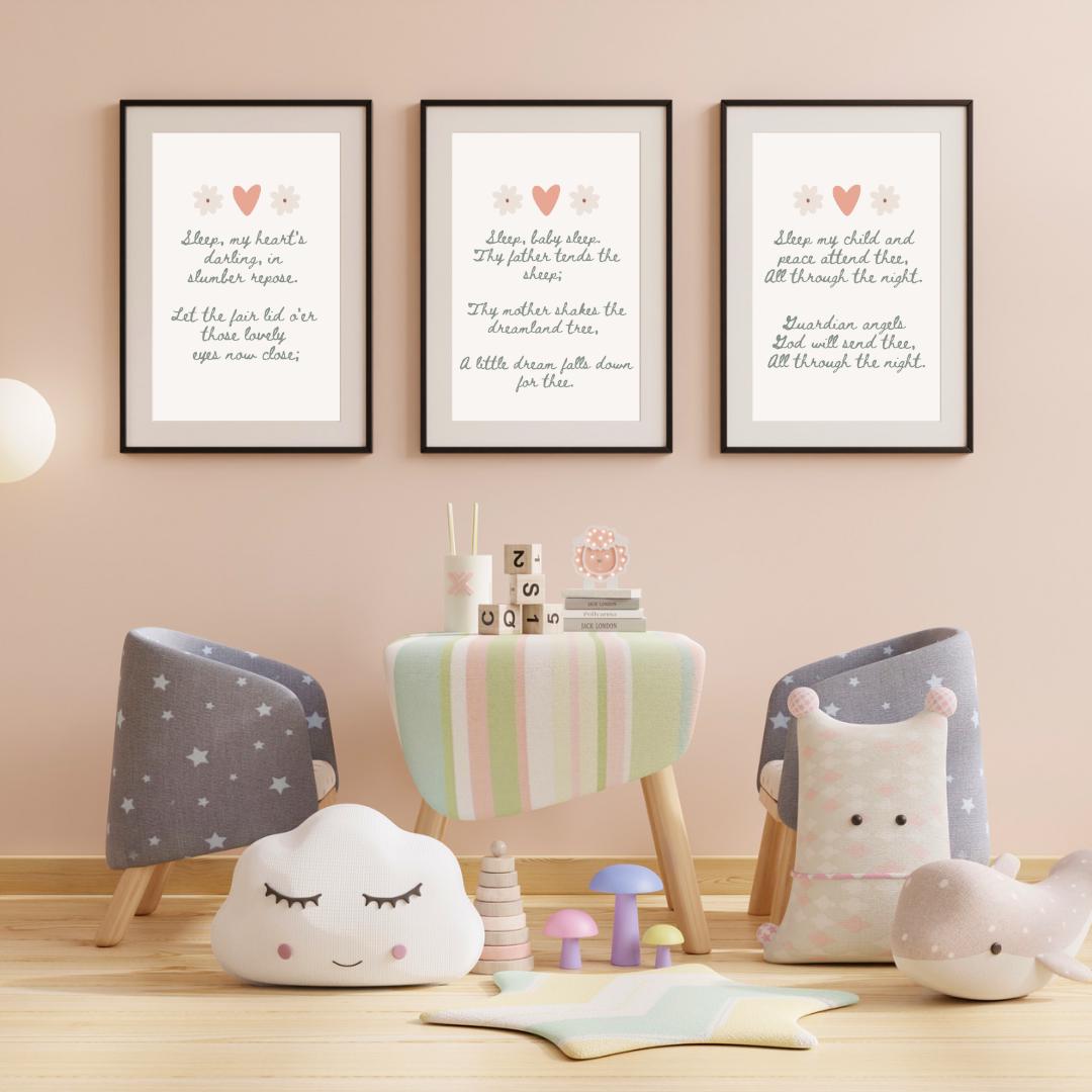 Set of 3 Nursery Rhyme Wall Art Verses for Baby Girl Nursery. Digital ...