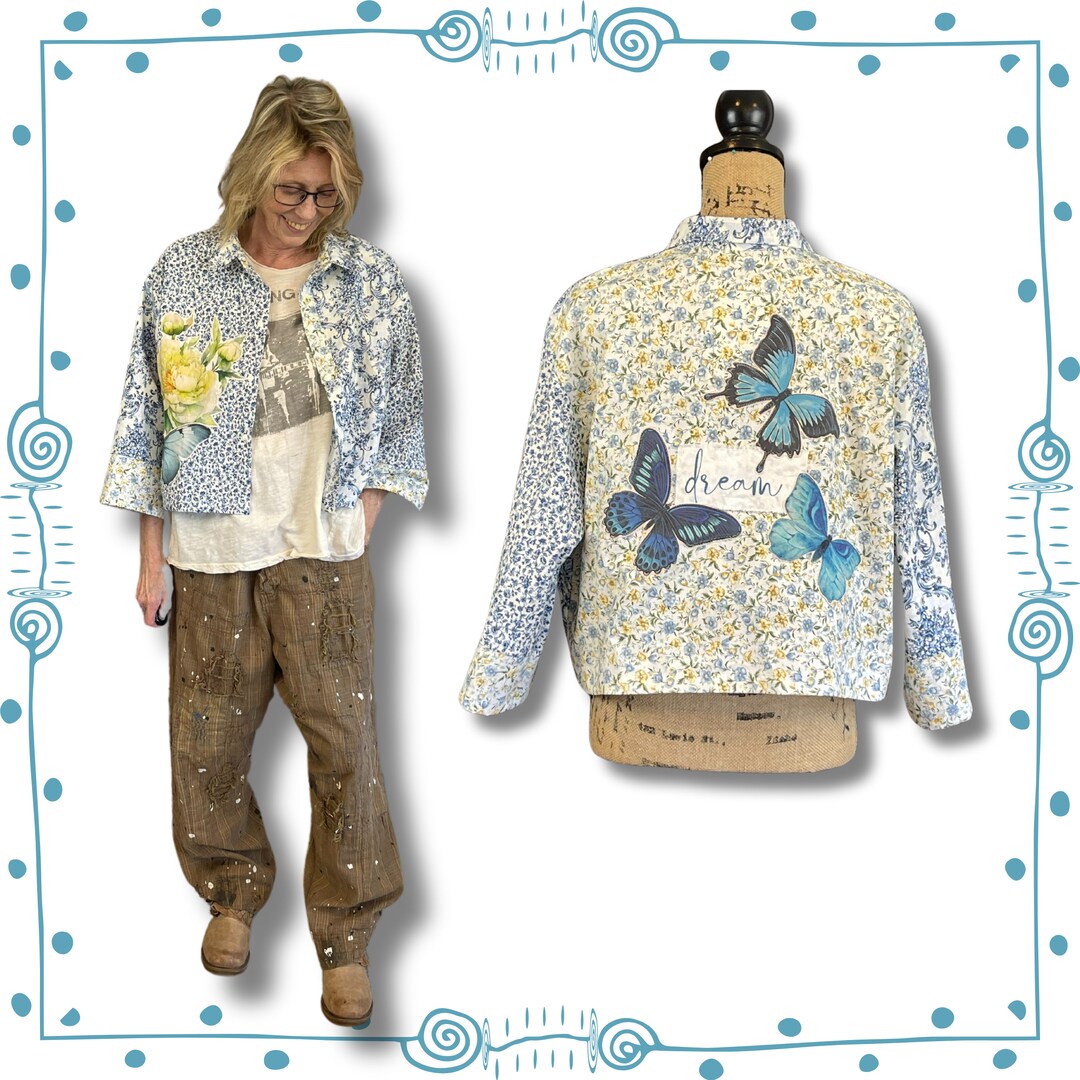 Boho Cropped Cotton Shirt | Butterfly Appliques, Handmade Top - Etsy