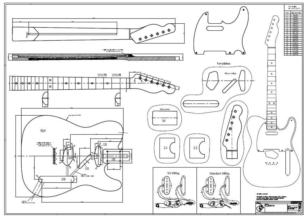 1:1 Print - '53 Tele Drawing / Blueprint - for Guitar Construction With ...