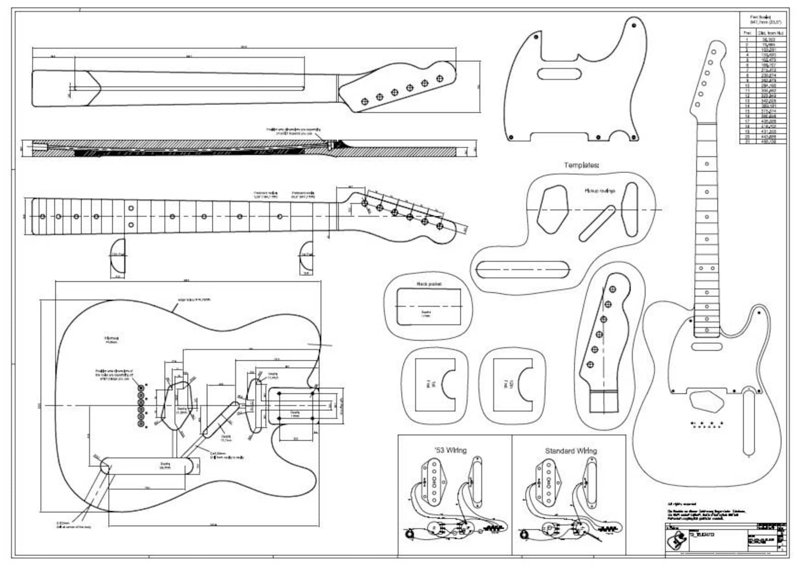 1:1 Print - '53 Tele Drawing / Blueprint - for Guitar Construction With ...