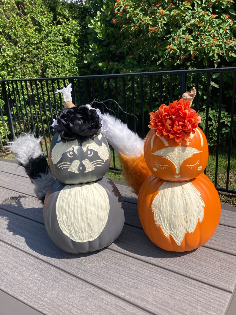 Hand Carved Raccoon on Stacked and Painted Faux Pumpkins W/ - Etsy