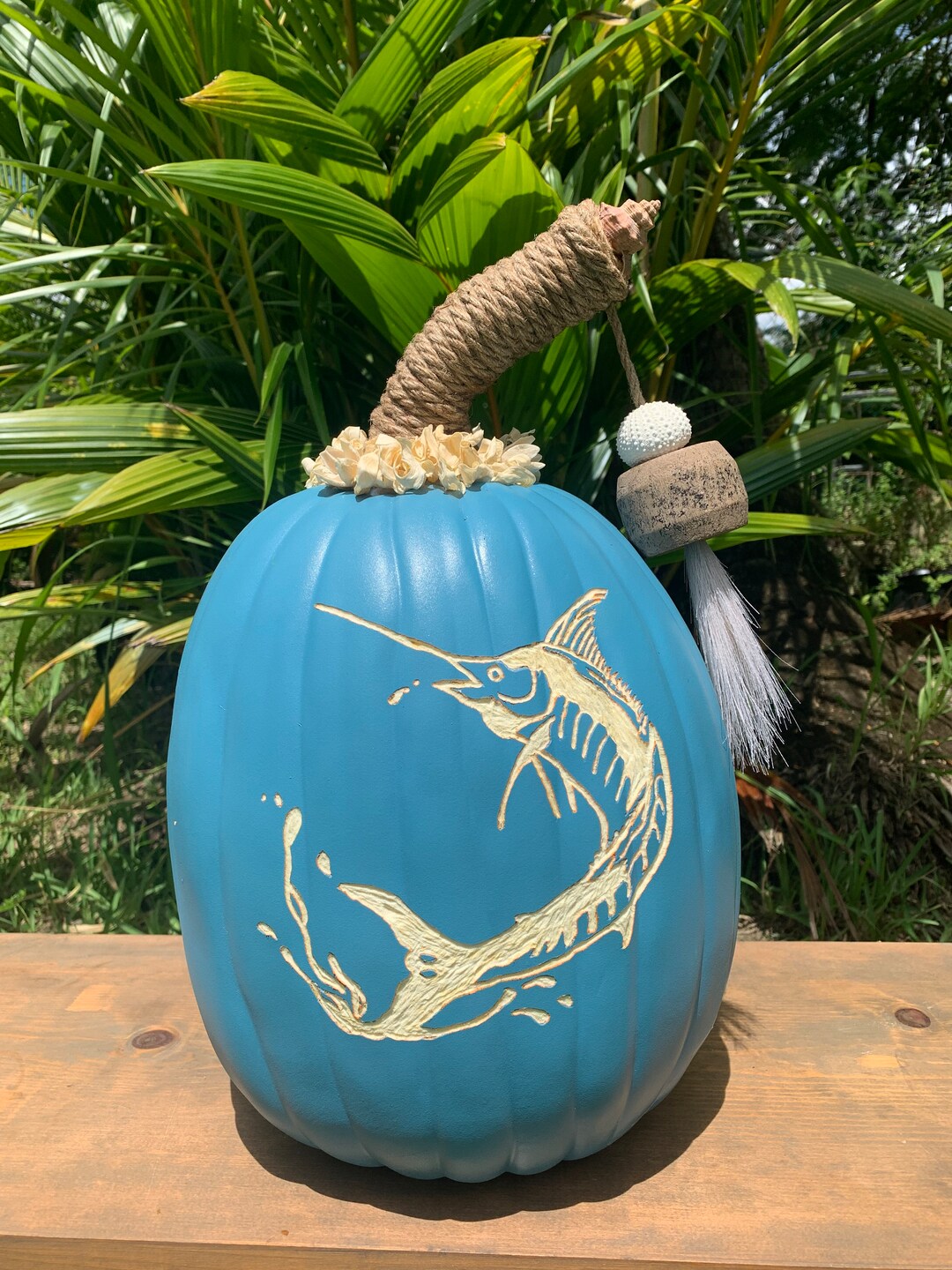 Sea Life Hand Carved Fall Beach Decor, Faux Pumpkin Painted Coastal ...